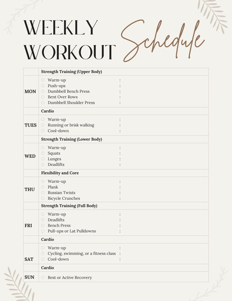 Weekly Workout Schedule and Planner - Etsy