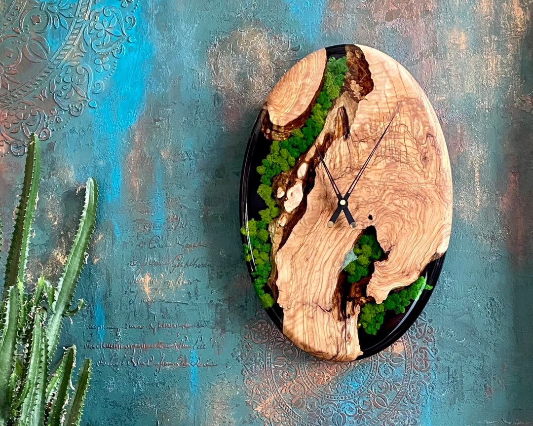 Resin & Olive Wood Wall Clock: Live Edge Moss Art Decor - Etsy
