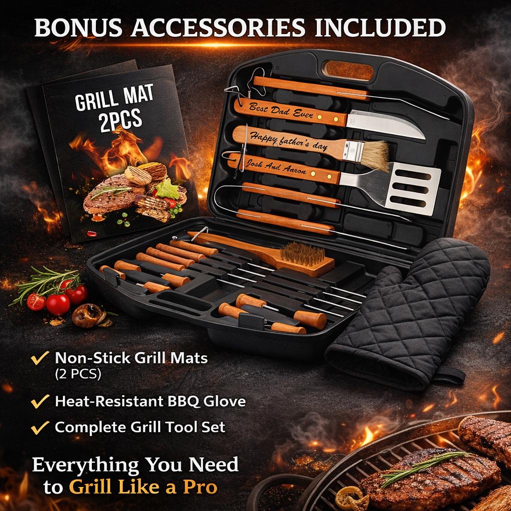 Personalized BBQ Grill Tool Set With Case – Engraved Wooden Handle ...