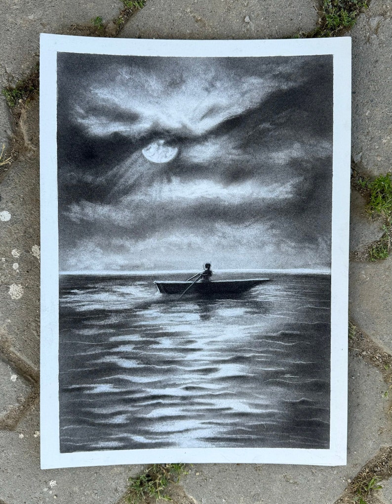 Sea/sunset/moonlight/boat/drawing/charcoal/gift/twilight/sailor/seaman ...
