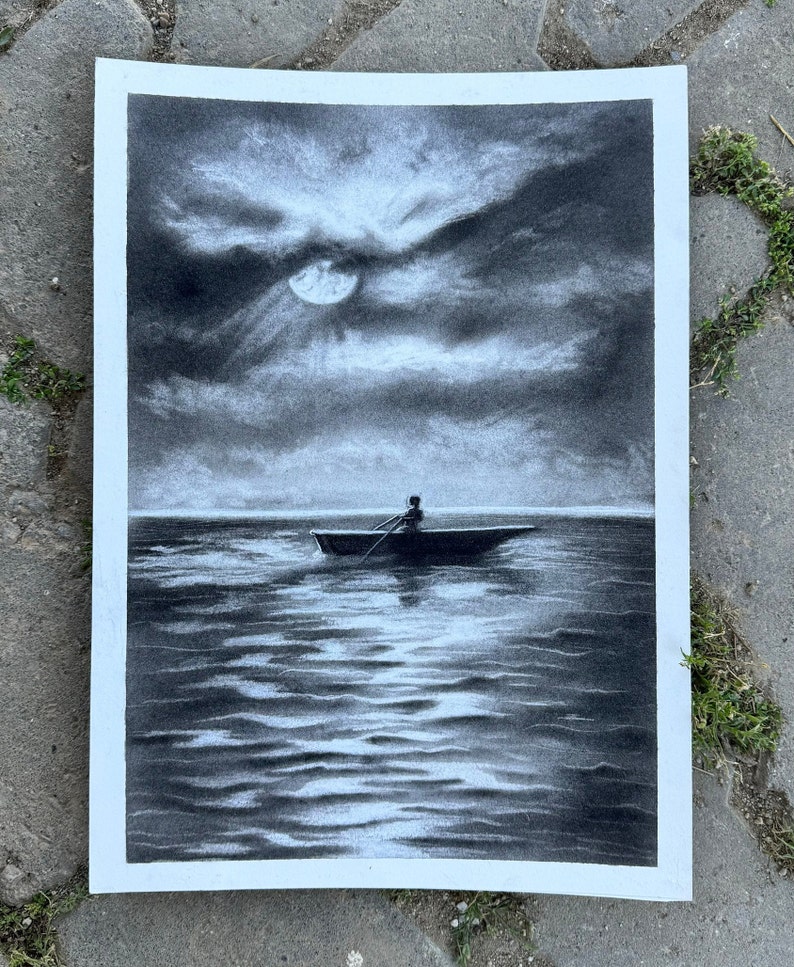 Sea/sunset/moonlight/boat/drawing/charcoal/gift/twilight/sailor/seaman ...