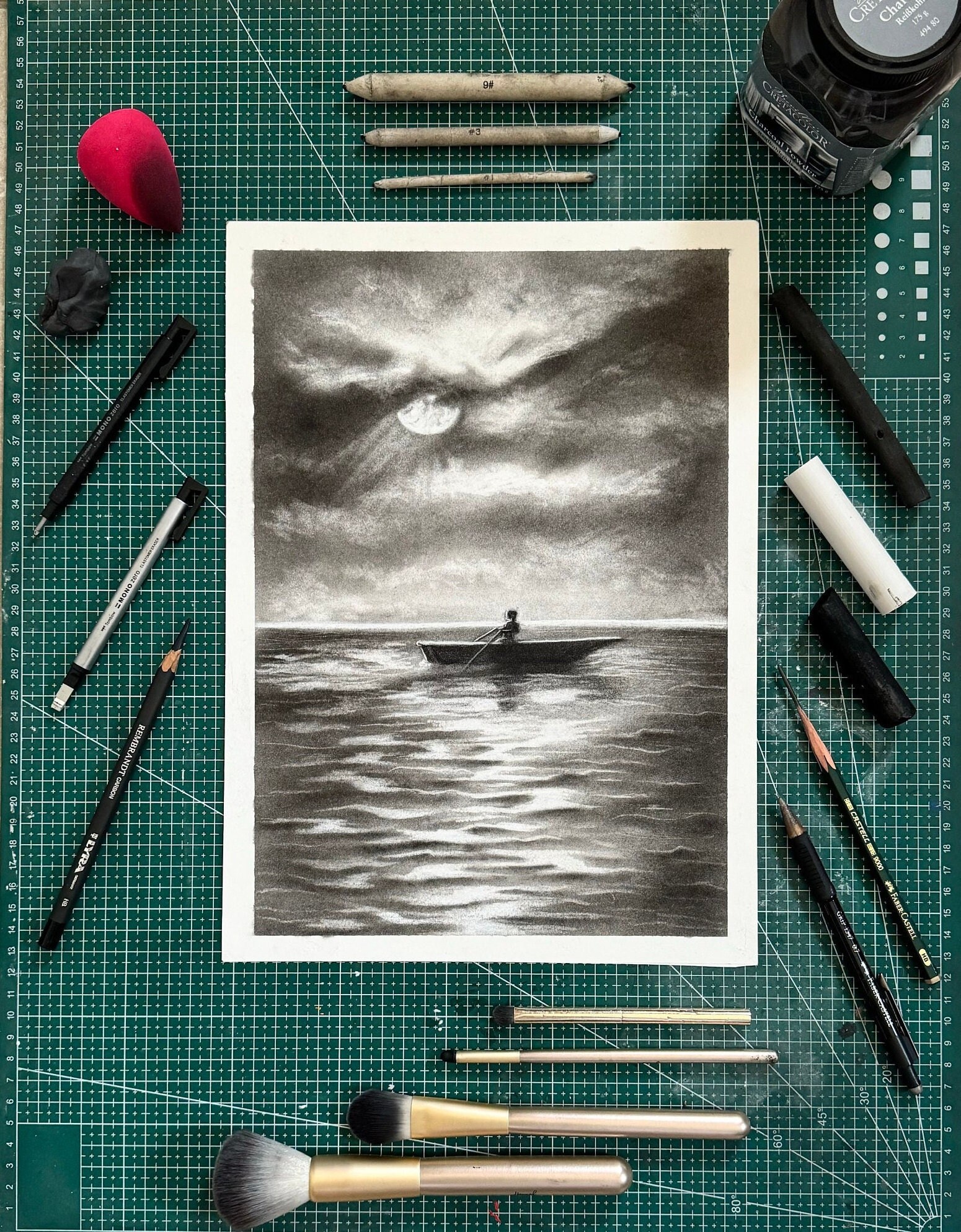 Sea/sunset/moonlight/boat/drawing/charcoal/gift/twilight/sailor/seaman ...