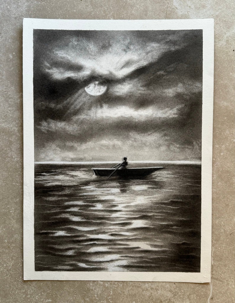 Sea/sunset/moonlight/boat/drawing/charcoal/gift/twilight/sailor/seaman ...