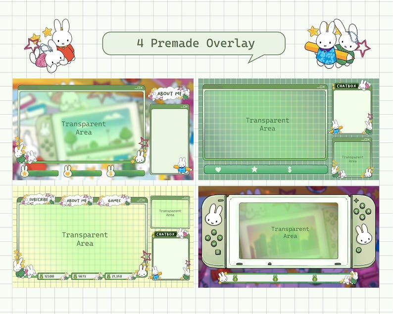 Kawaii Miffy Bunny Stream Overlay Package: Animated Twitch/vtuber ...