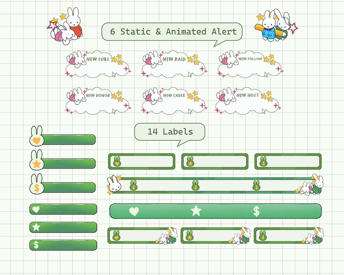 Kawaii Miffy Bunny Stream Overlay Package: Animated Twitch/vtuber ...