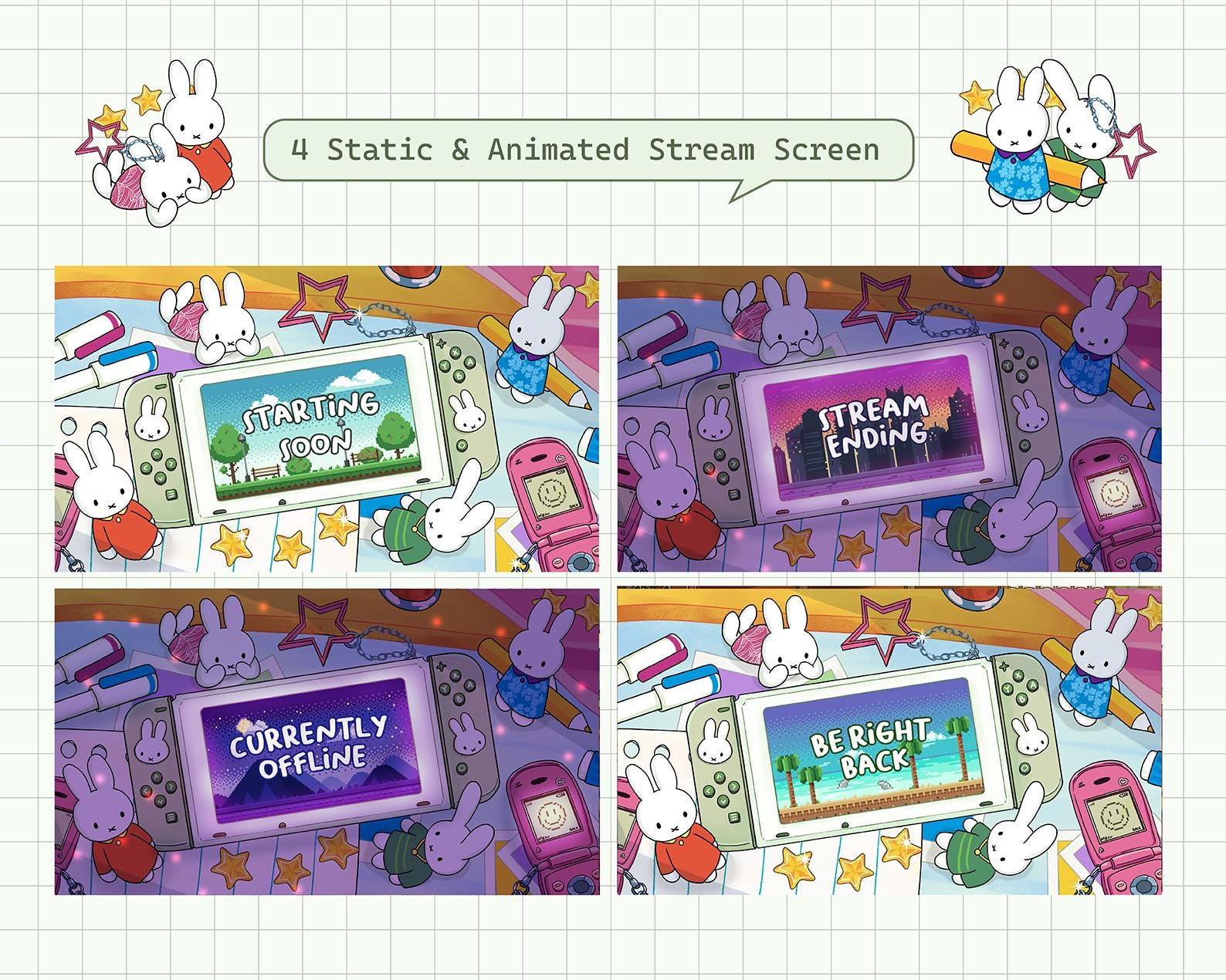 Kawaii Miffy Bunny Stream Overlay Package: Twitch Vtuber Screens ...