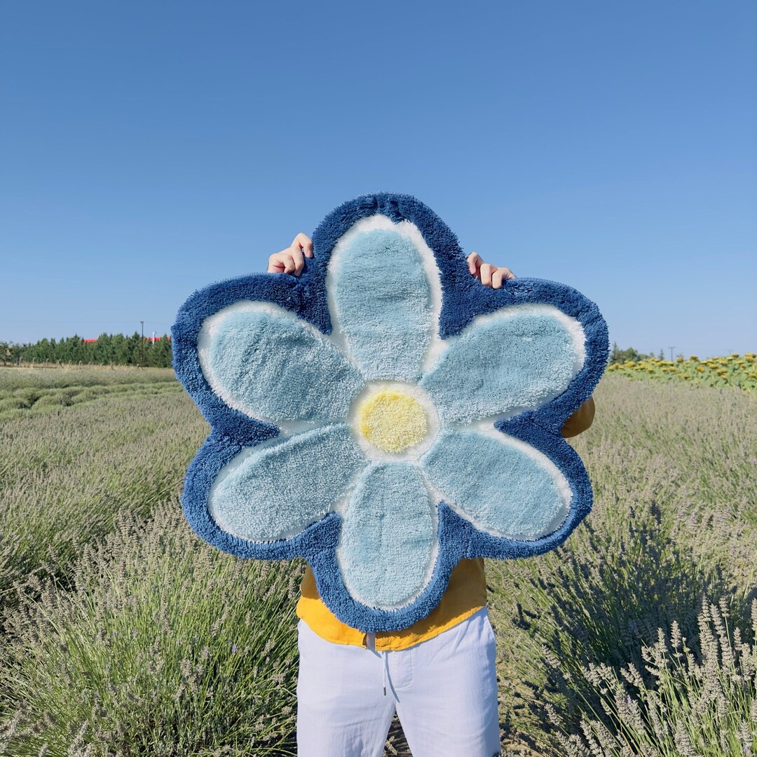 Blue Flower Rug Hand Tufted Flower Rug for Kids Room Handmade Area Rug ...
