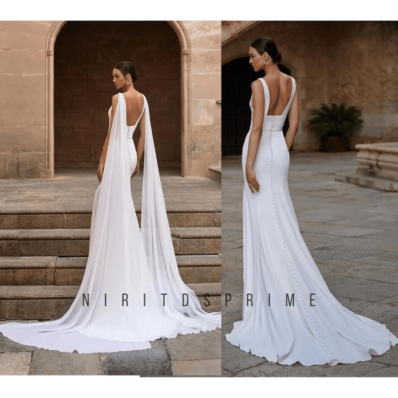 Custom Backless Mermaid Wedding Dress With Cape Minimalist Civil ...