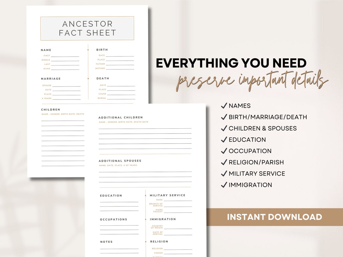 Printable Ancestor Fact Sheet – Genealogy Research Tool for Beginners ...
