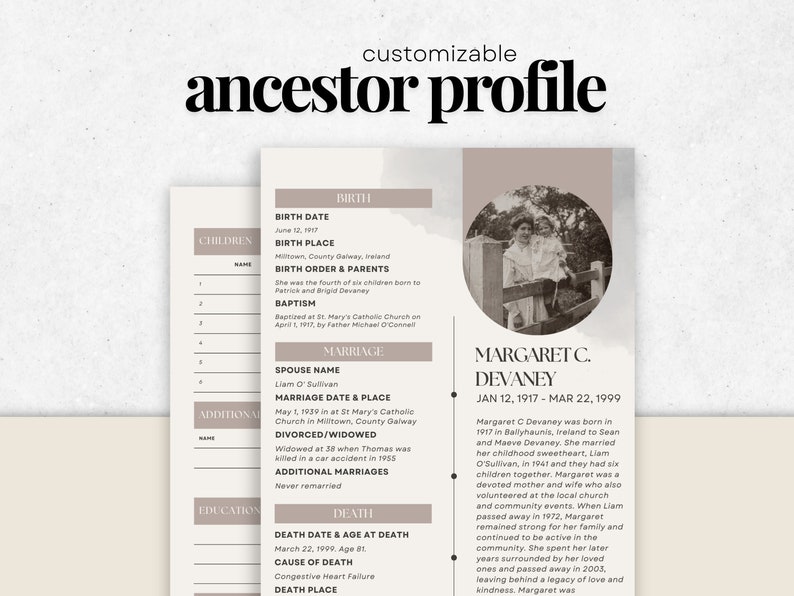 Ancestor Profile Template for Genealogy Research Printable Customizable ...