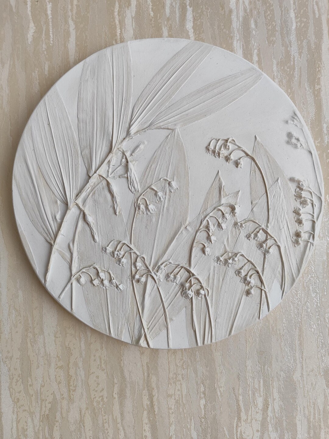 Bas-relief Spring Flowers. Plaster Wall Decor. White Wall Panel. Round ...