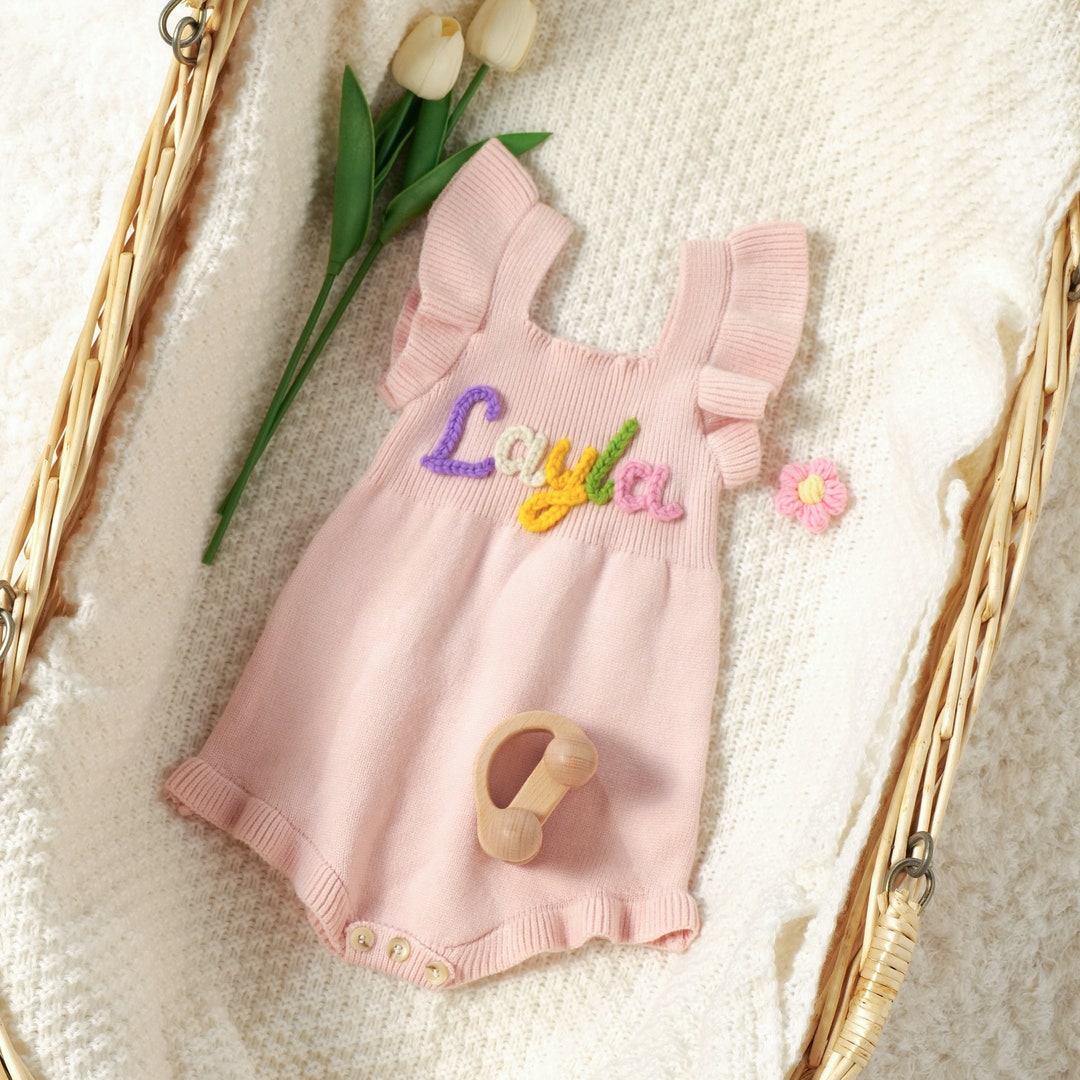 Cute Hand Knitted Custom Baby Girl Romper Personalized Name Romper Baby ...