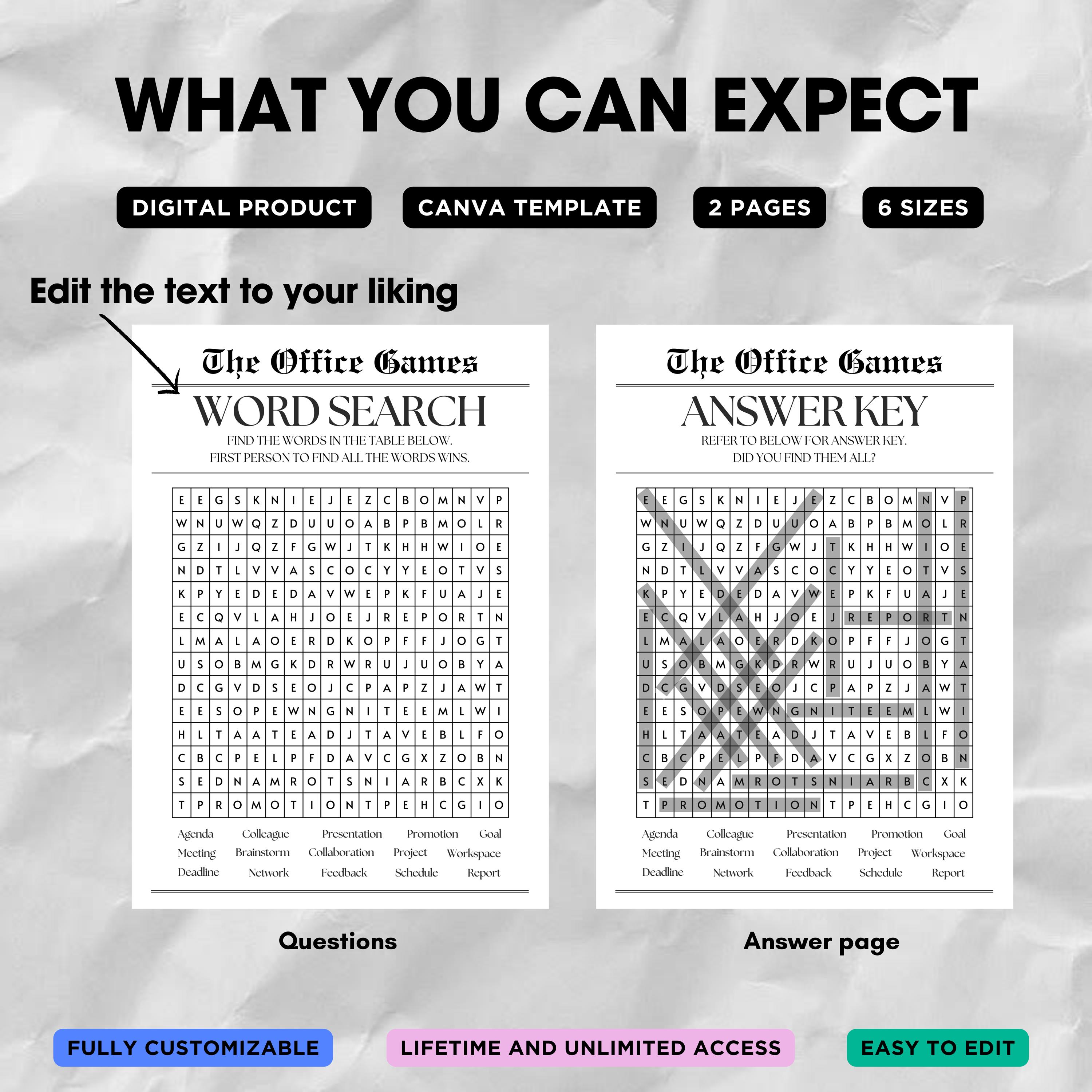 Work Party Word Search Office Game Printable Template, Canva Editable ...