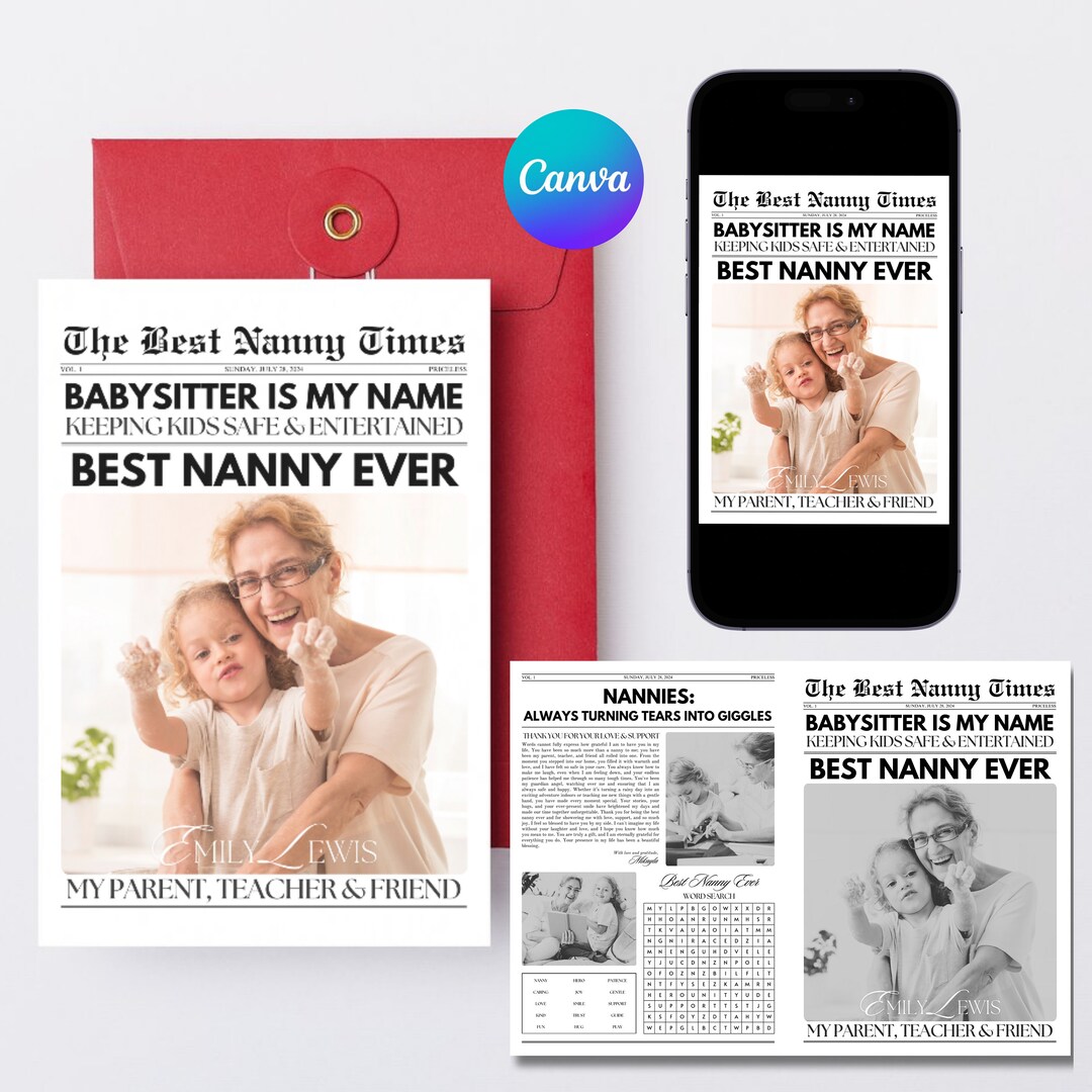 Editable Best Nanny Newspaper Card Template Canva Best Nanny Ever Gift ...