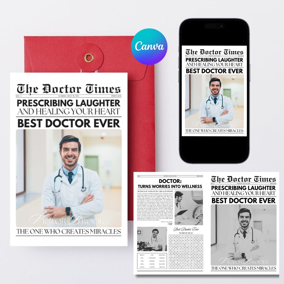 Doctor Appreciation Card Newspaper Template Digital Canva Template Best ...
