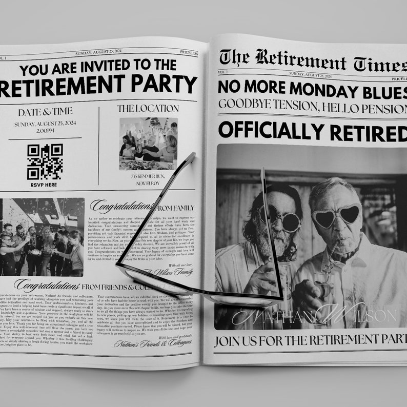 Editable Work Retirement Party Invitation Newspaper Template, Custom ...