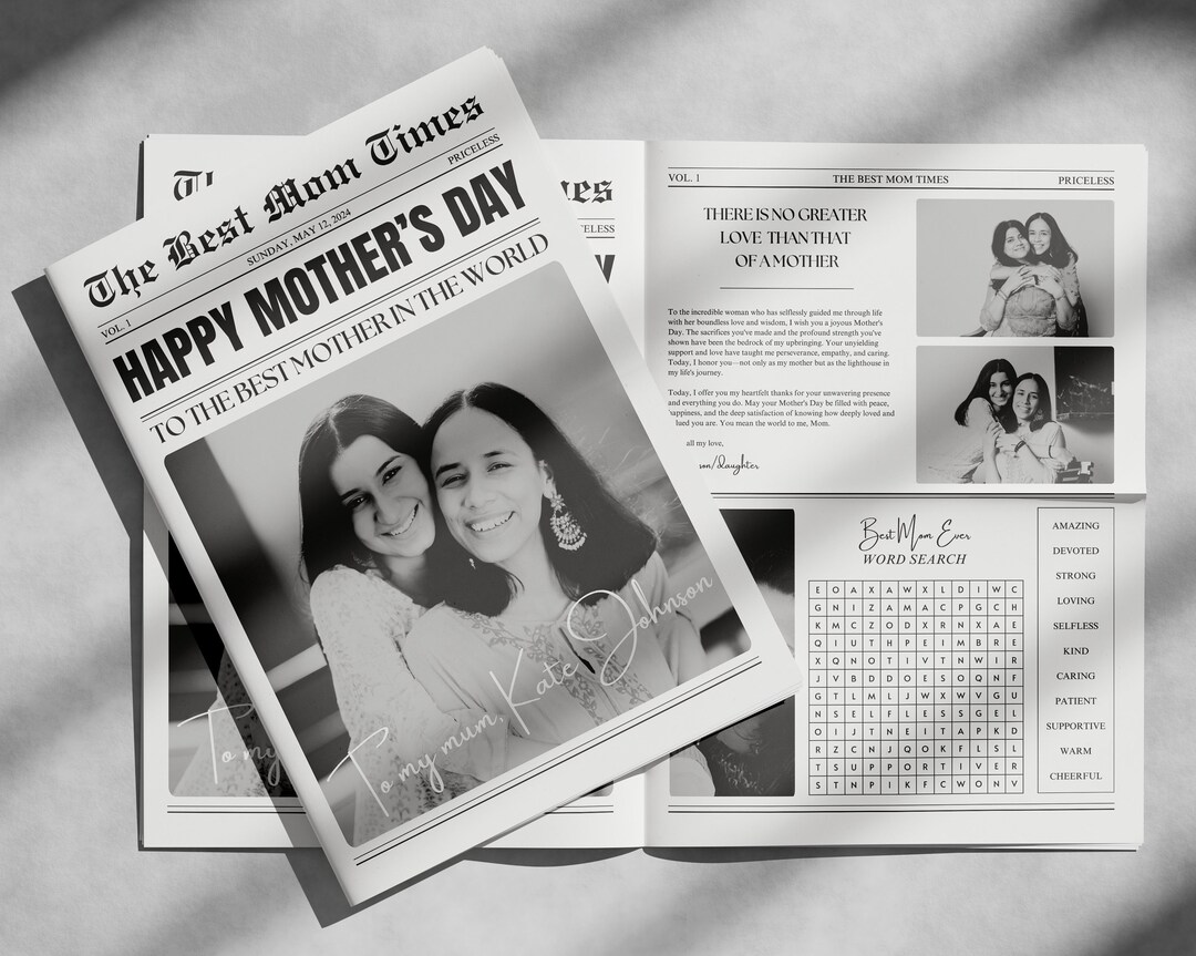 Mothers Day Newspaper Template, Mothers Day Gift Custom Personalized ...
