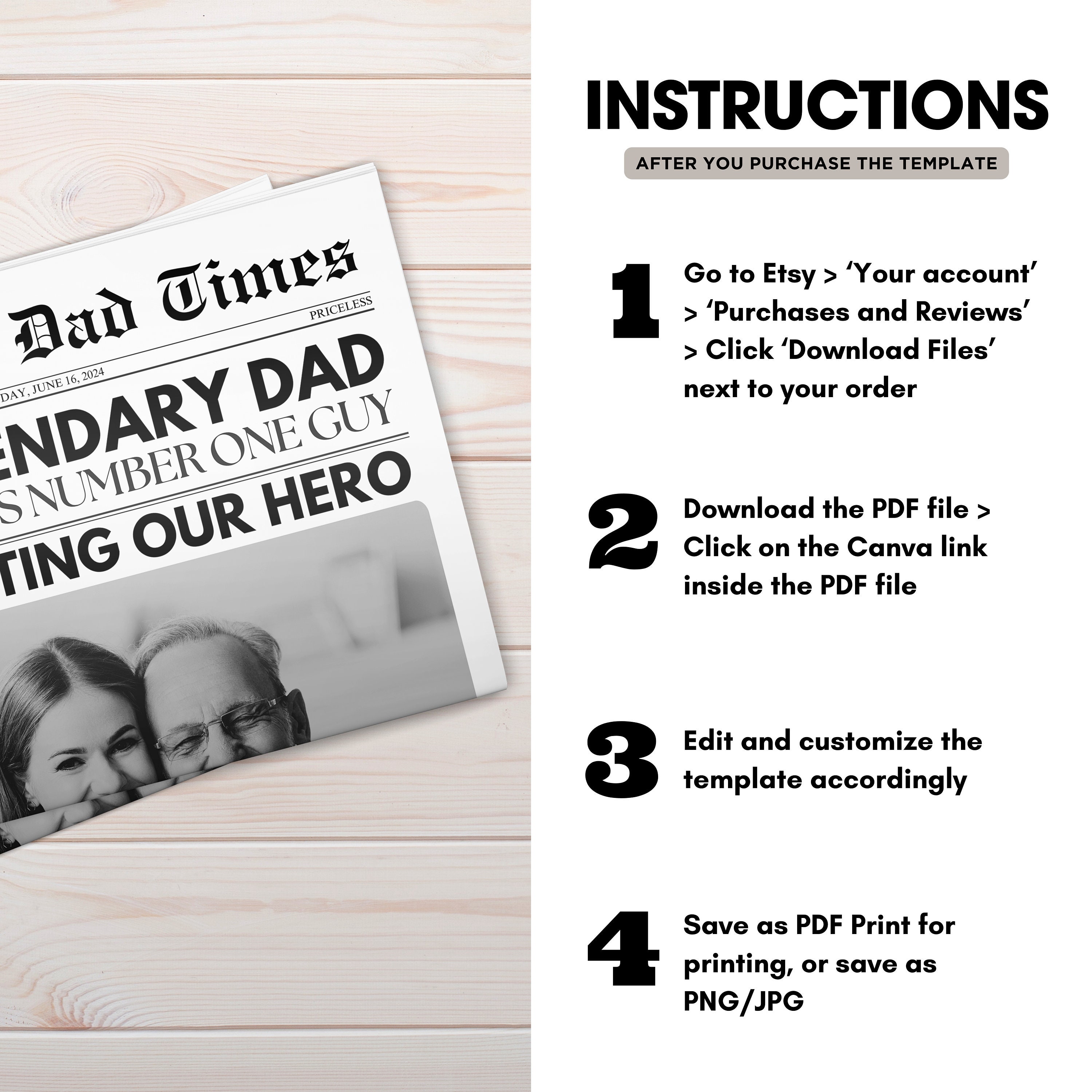 Editable Father's Day Newspaper Template, Best Dad Ever Gift, Gift for ...