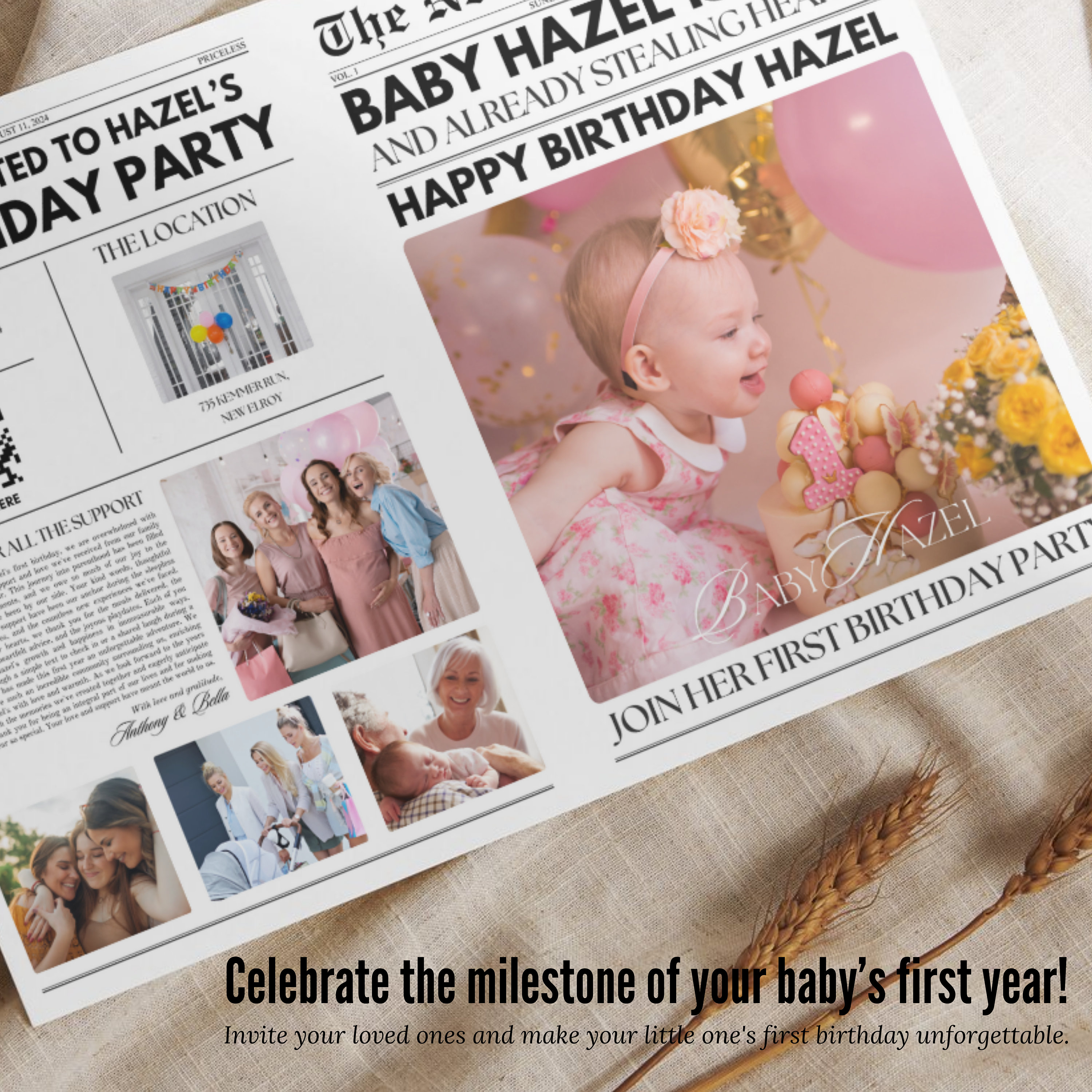 Editable Baby First Birthday Newspaper Custom Digital Canva Template ...