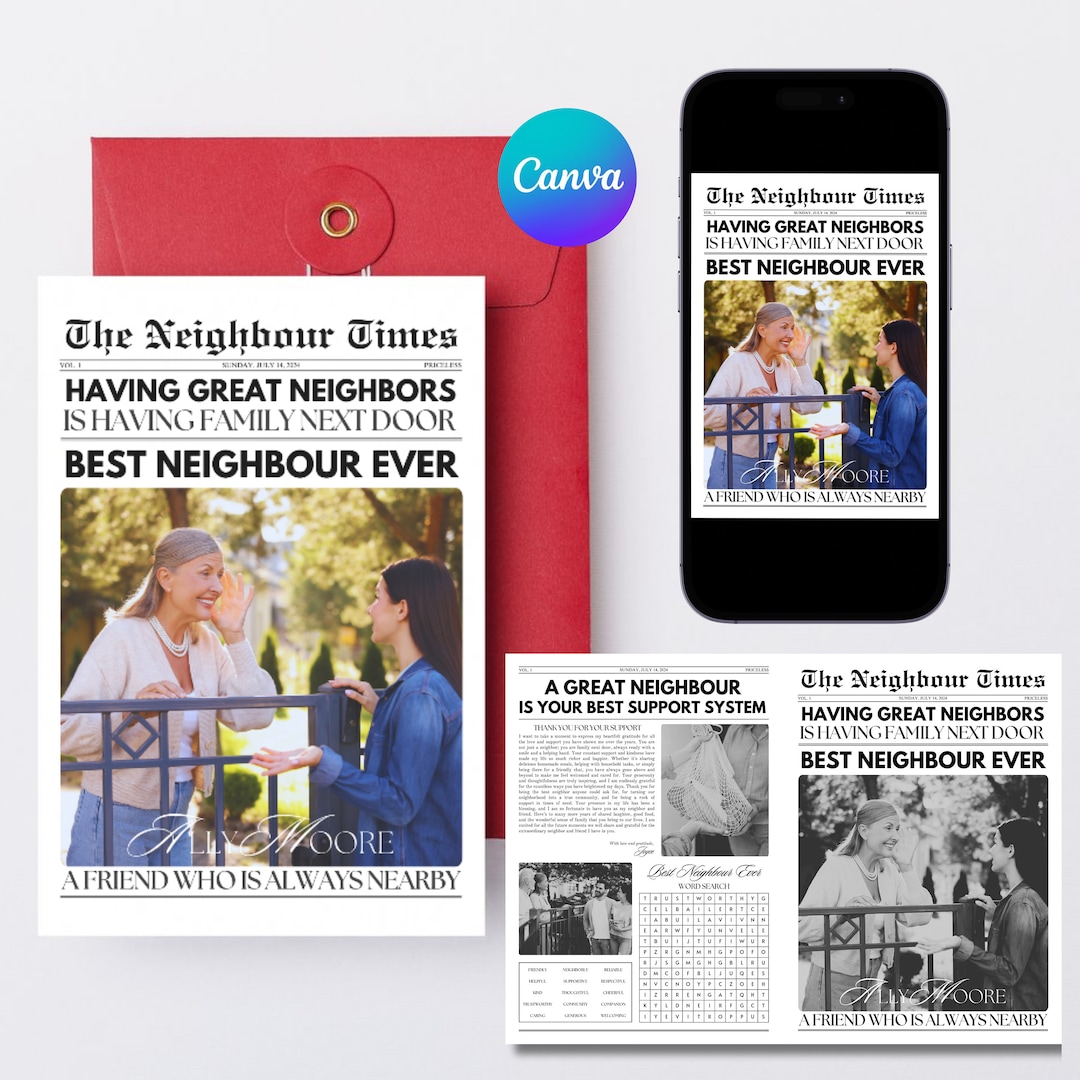 Editable Best Neighbour Ever Newspaper Card Digital Canva Template ...
