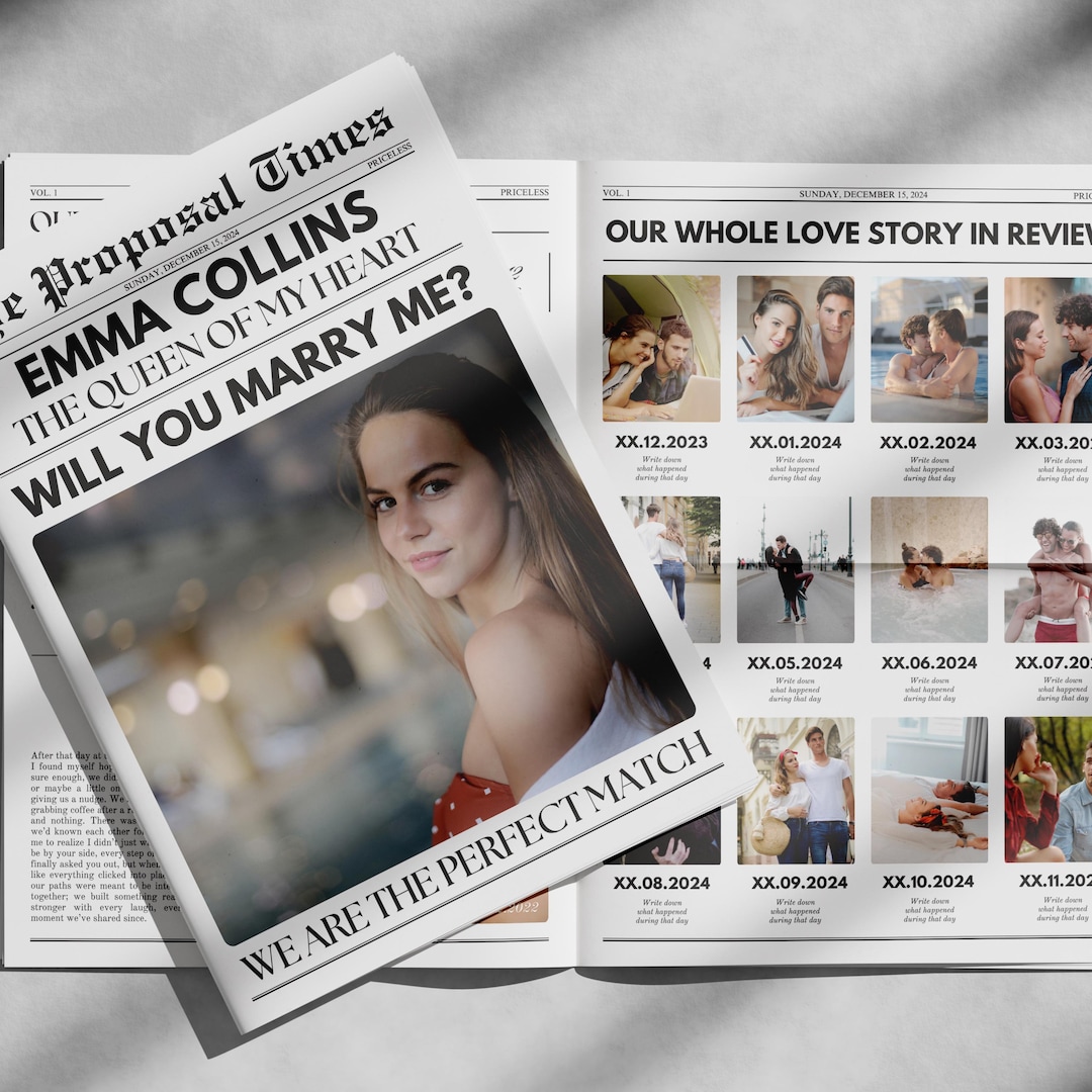 Romantic Marriage Proposal Newspaper Template Canva Custom Engagement ...