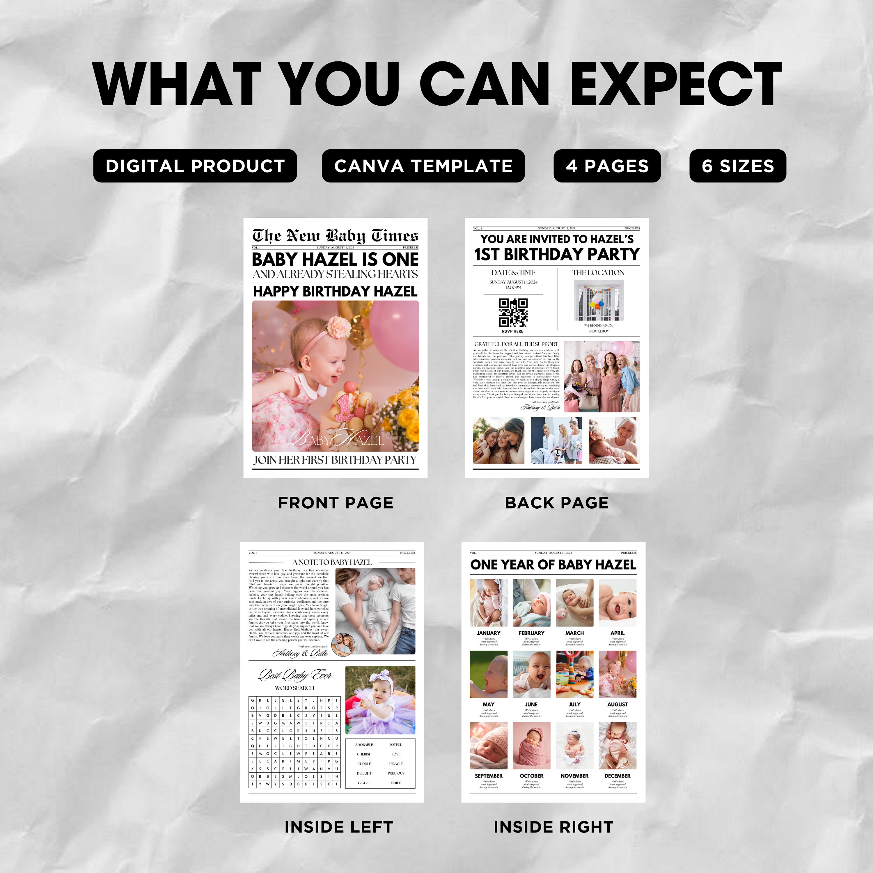 Editable Baby First Birthday Newspaper Custom Digital Canva Template ...