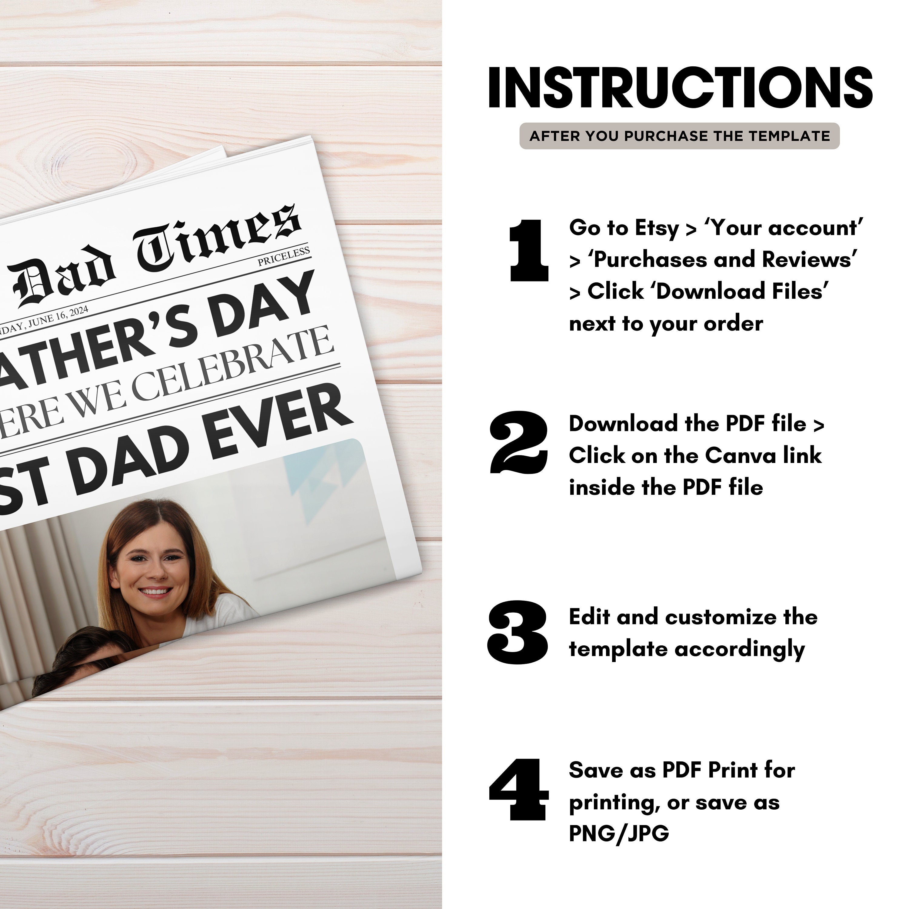 Fathers Day Newspaper Template Digital Canva Editable Fathers Day Gift ...