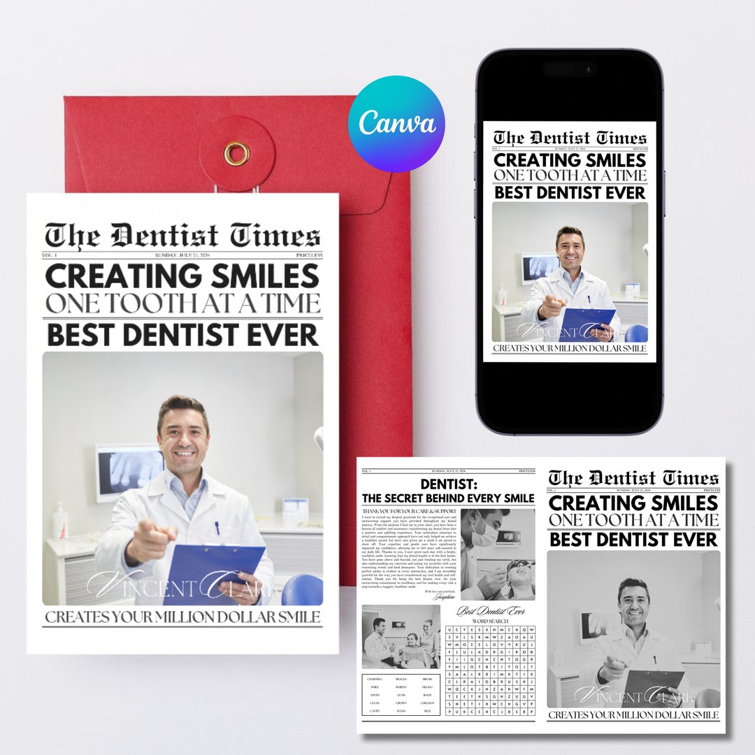 Editable Dentist Appreciation Card Digital Canva Newspaper Template ...