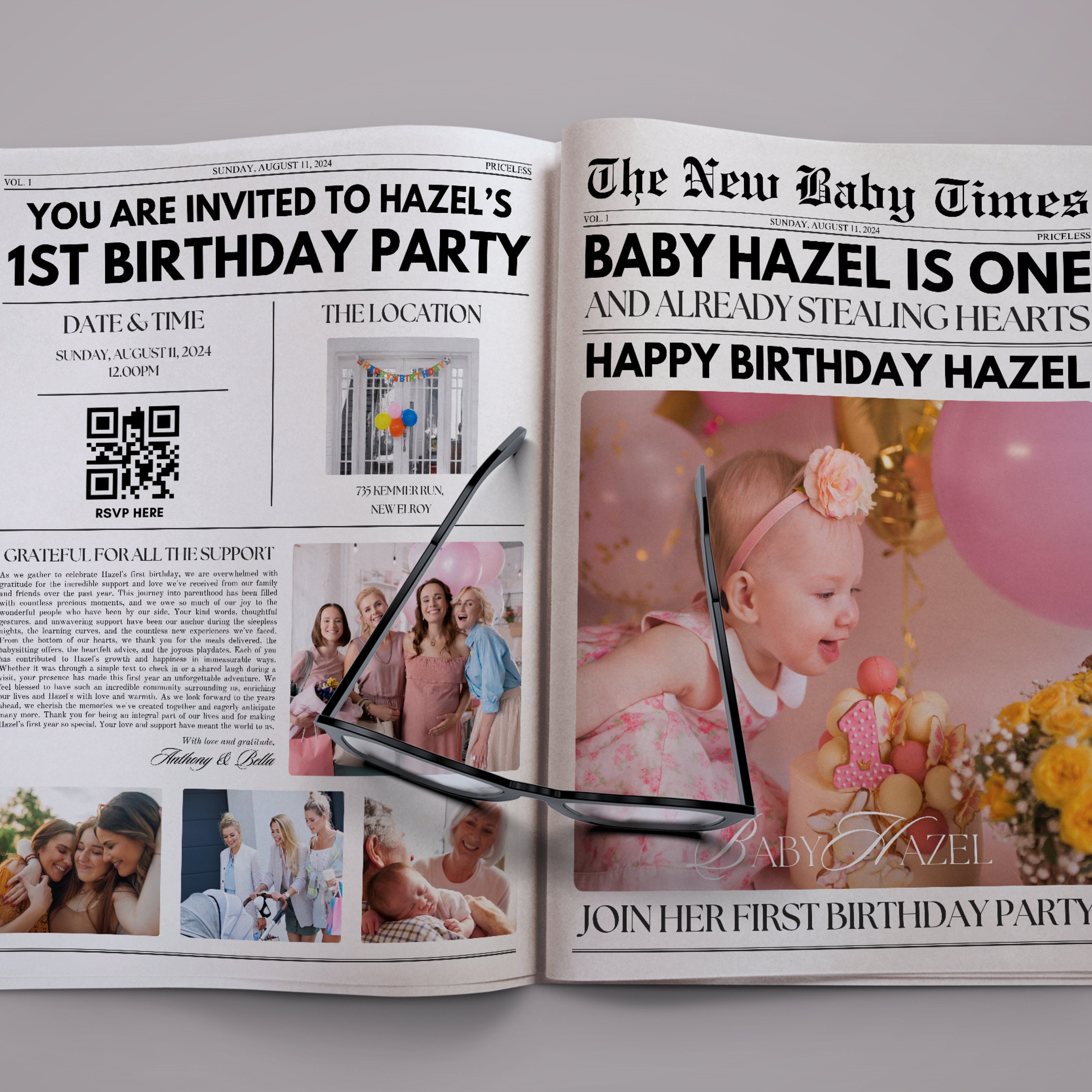 Editable Baby First Birthday Newspaper Custom Digital Canva Template ...