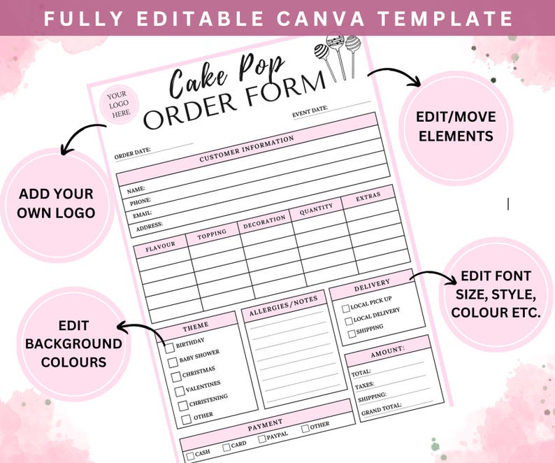 Editable Cake Pop Order Form, Cake Pop Template, Canva Template, Bakery ...