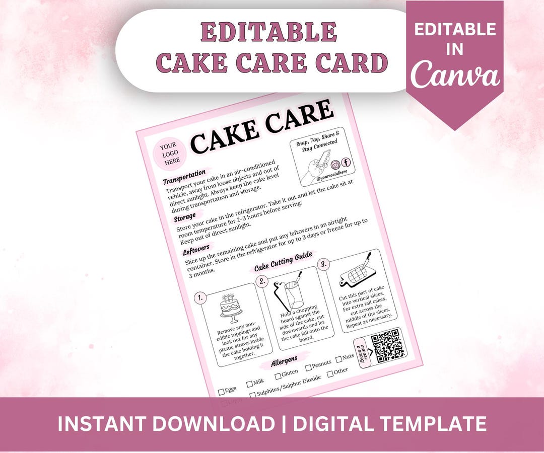 Editable Cake Care Guide Card | Canva Template (digital Download) - Etsy