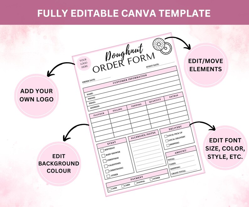Editable Doughnut Order Form | Printable Bakery Template | Editable ...