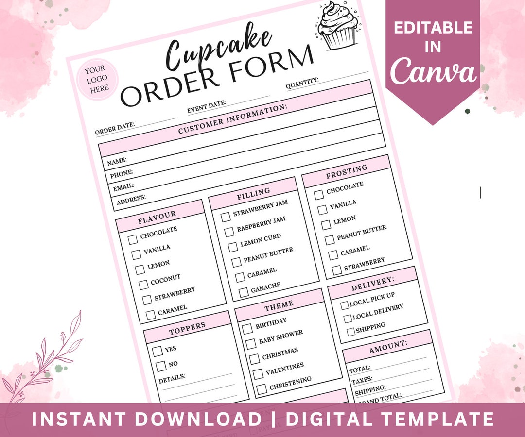 Editable Cupcake Order Form Template, Bakery Order Form, Bakery ...