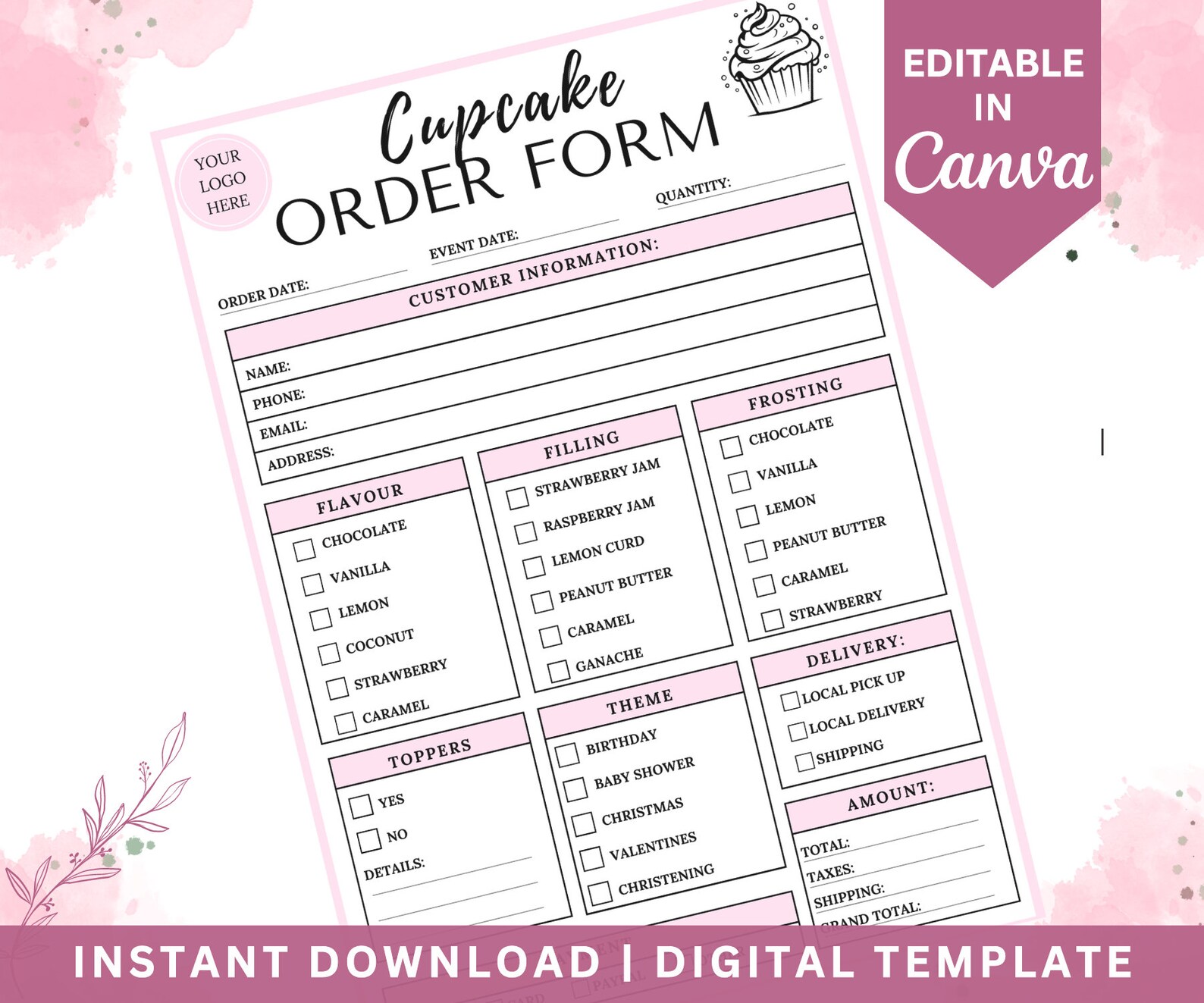 Editable Cupcake Order Form Template, Bakery Order Form, Bakery ...