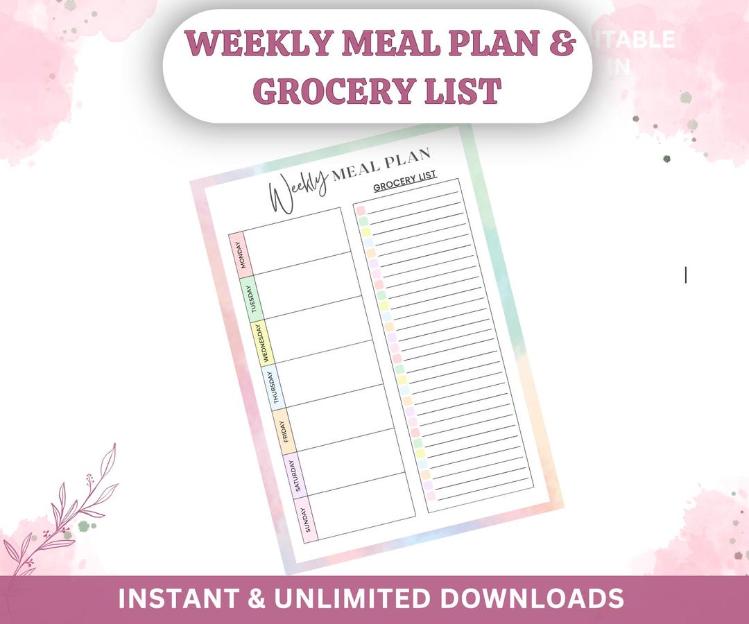 Weekly Meal Planner With Grocery List Printable PDF | 7 Day Menu Plan ...