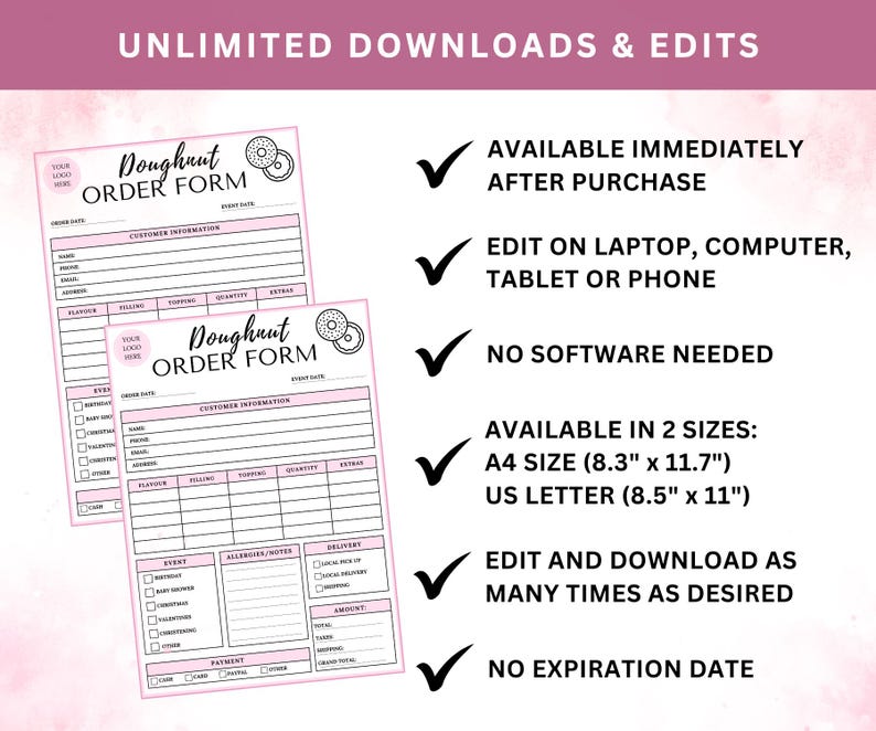 Editable Doughnut Order Form | Printable Bakery Template | Editable ...