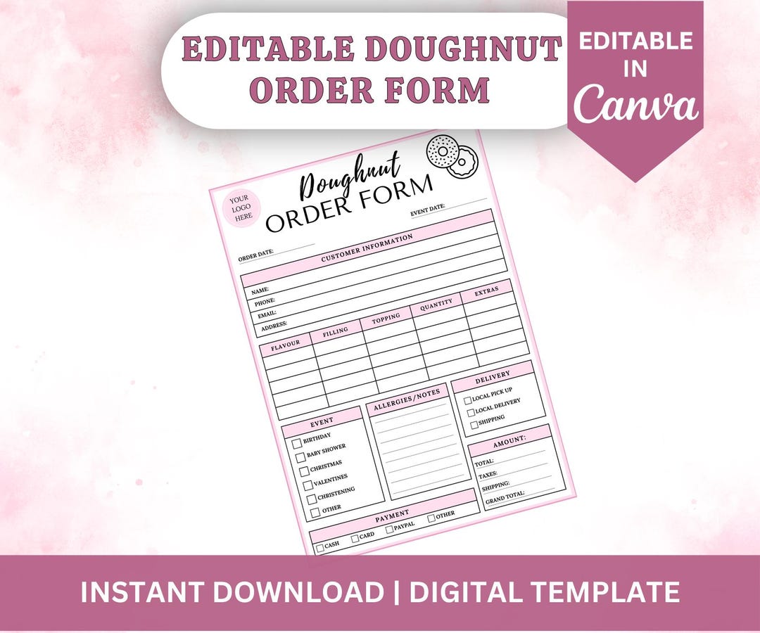Editable Doughnut Order Form | Bakery Business Template (canva Template ...