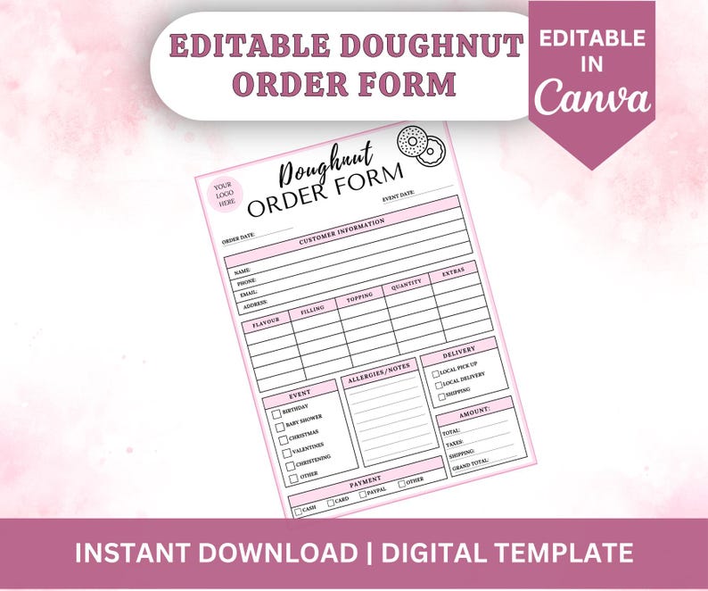 Editable Doughnut Order Form | Printable Bakery Template | Editable ...