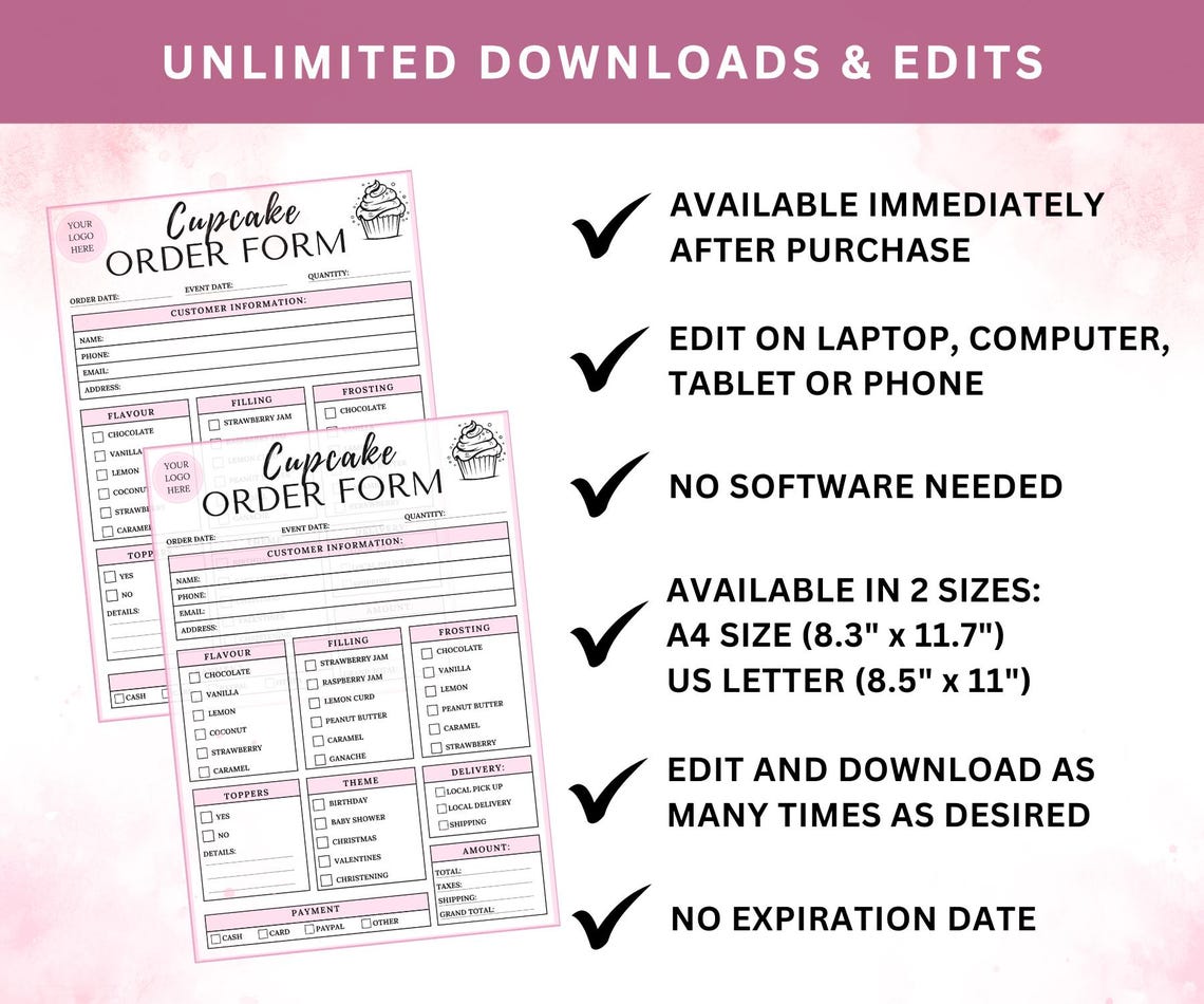 Editable Cupcake Order Form Template | Bakery Business (instant ...