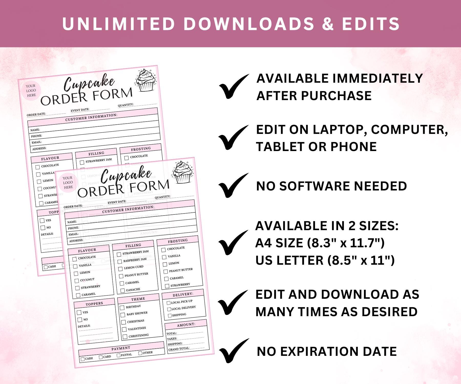 Editable Cupcake Order Form Template | Bakery Business (instant ...