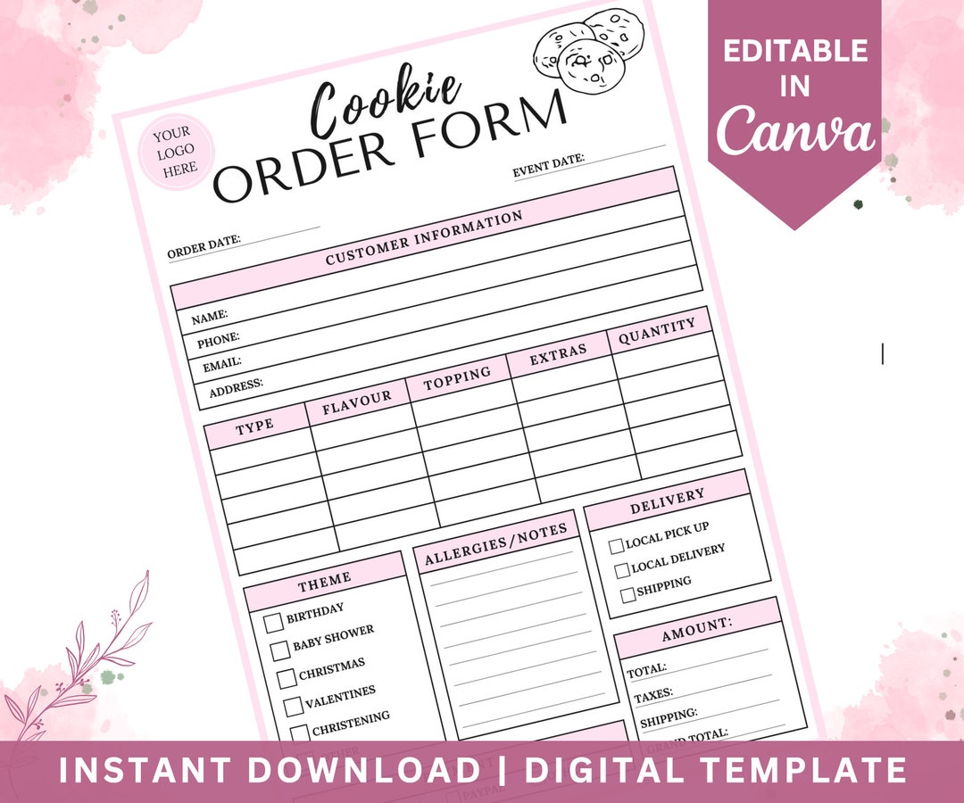 Cookie Order Form, Bakery Form, Digital Template, Bakery Business ...