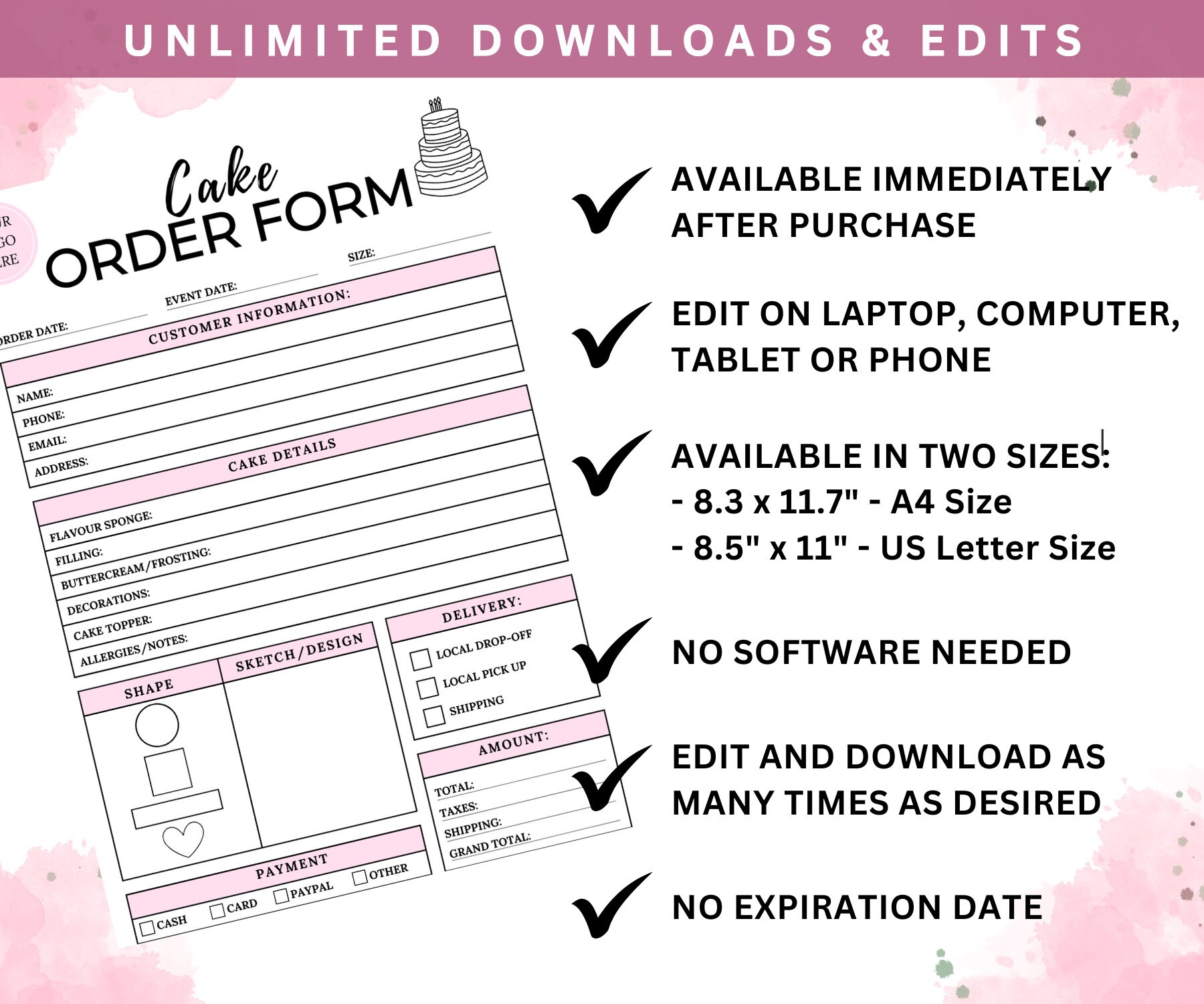 Cake Order Form Template, Bakery Order Form, Small Business Forms, Home ...