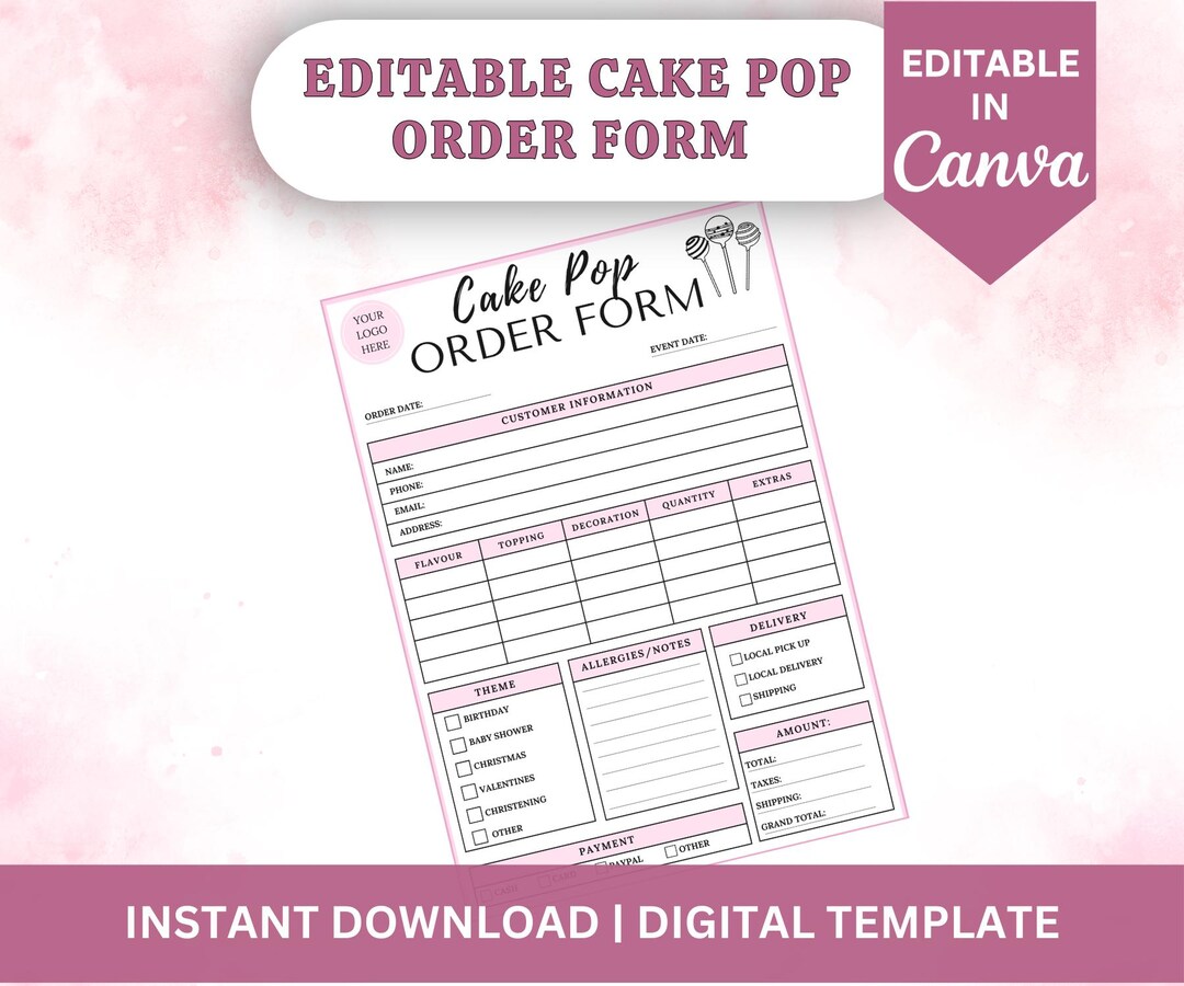 Editable Cake Pop Order Form Template | Bakery Business (canva) - Etsy