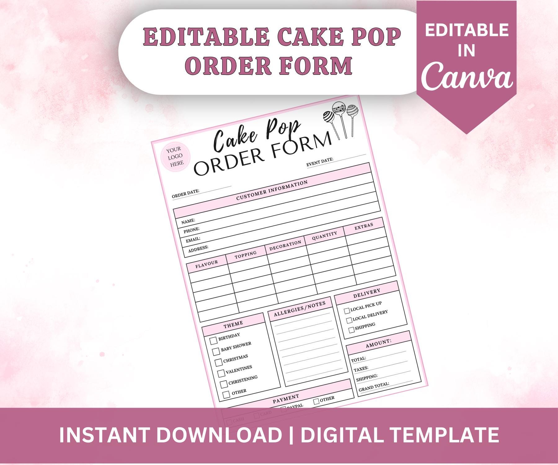 Editable Cake Pop Order Form | Cake Pop Template | Canva Template ...