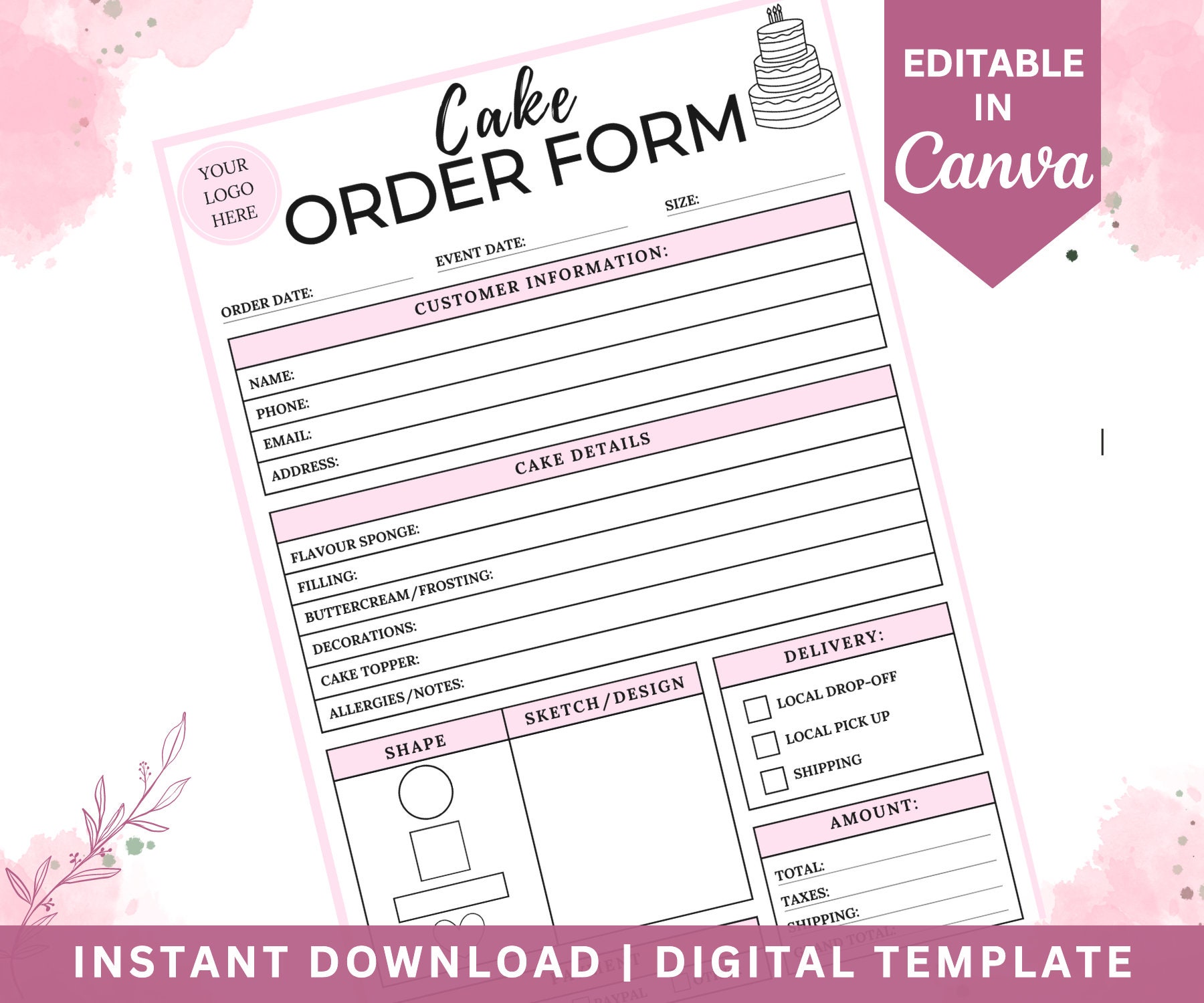 Cake Order Form Template, Bakery Order Form, Small Business Forms, Home ...