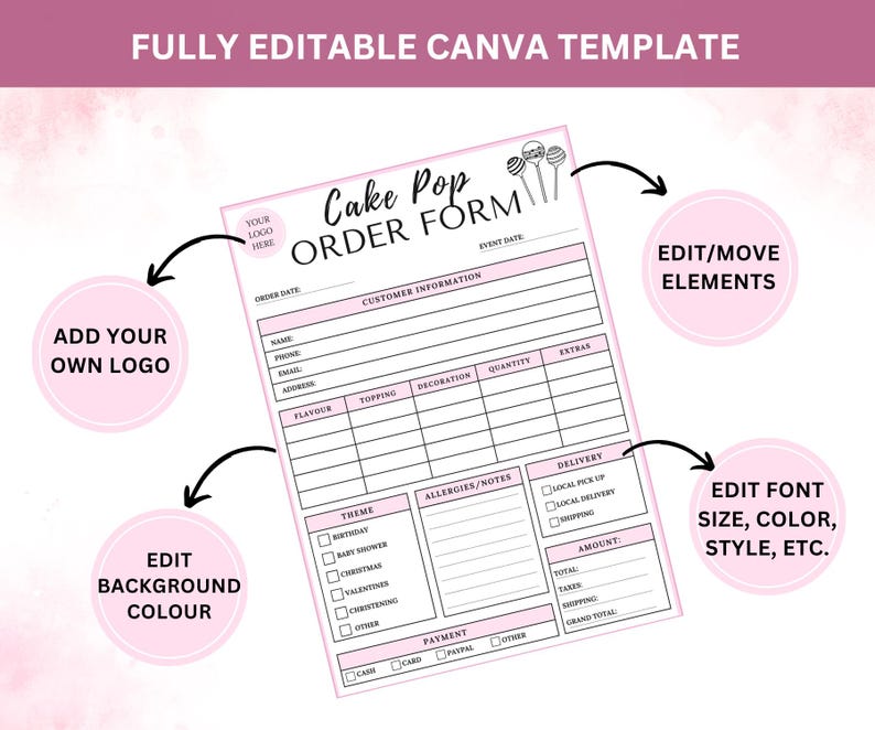 Editable Cake Pop Order Form | Cake Pop Template | Canva Template ...
