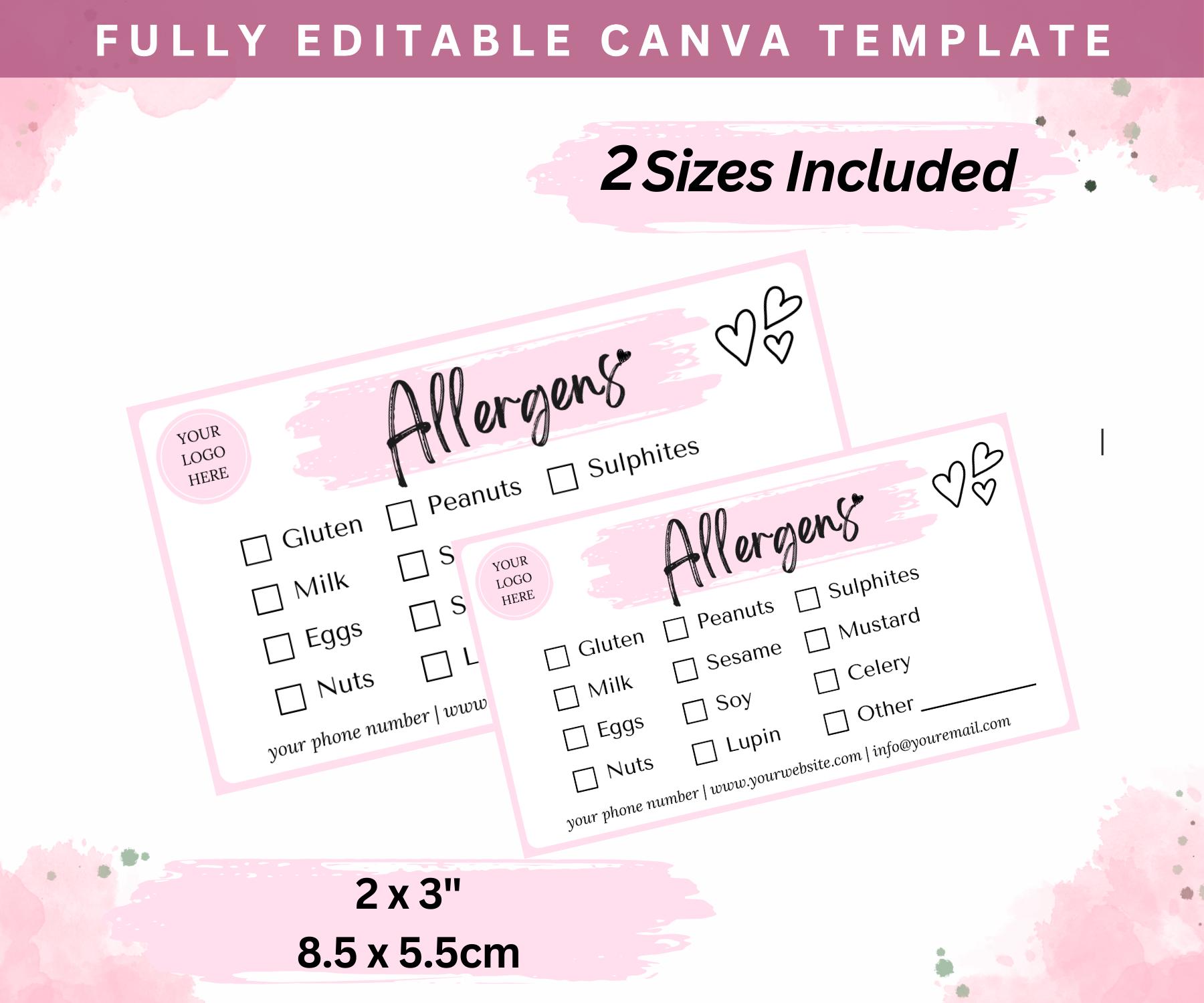 Food Allergens Card I Editable Canva Template I Printable Bakery ...