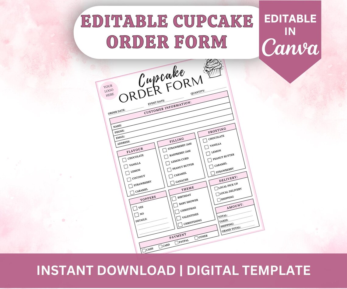 Editable Cupcake Order Form Template | Bakery Order Form | Bakery ...