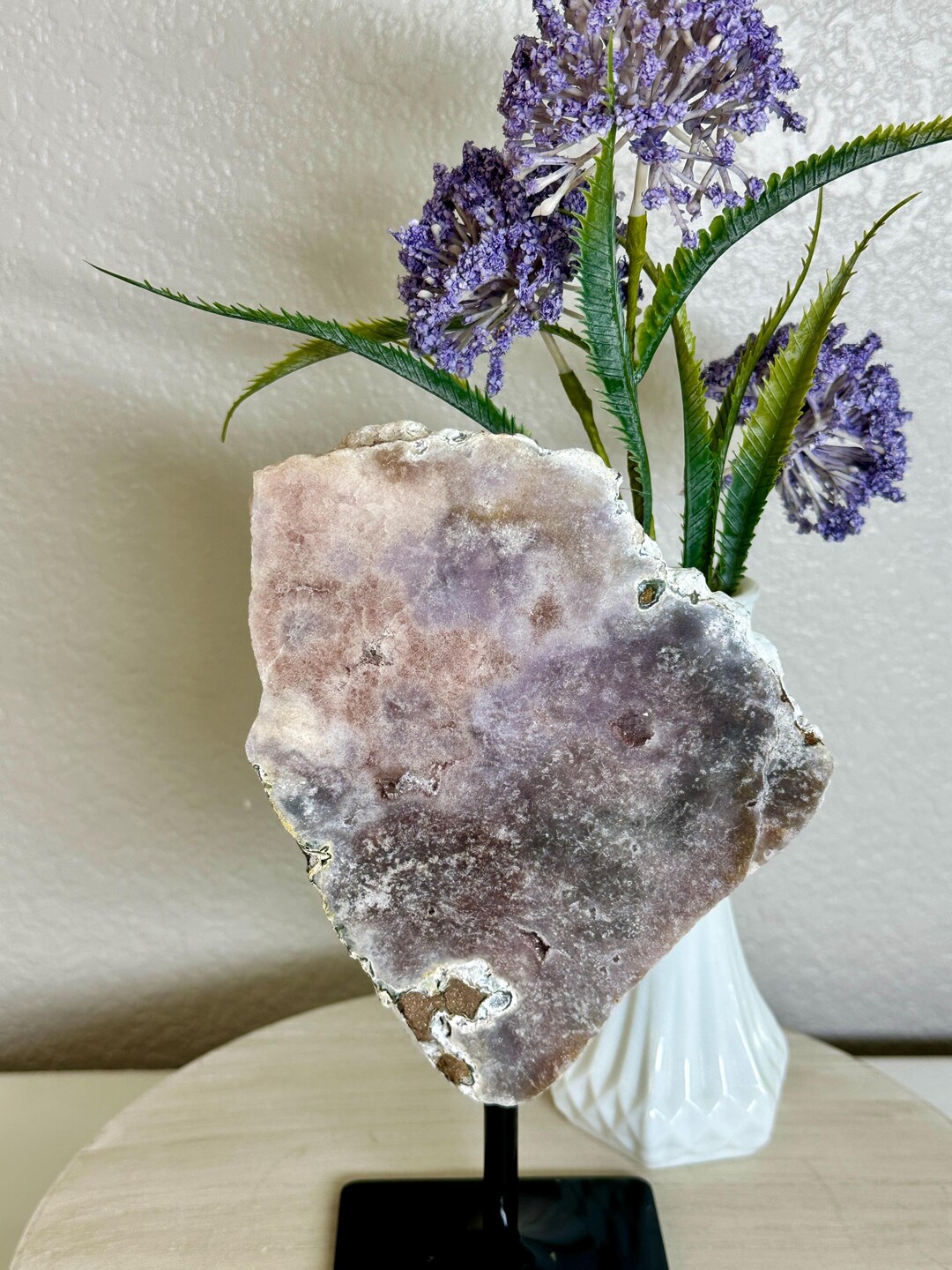 Pink Amethyst Slab on Stand With Purple and Pink Crystal Formations ...