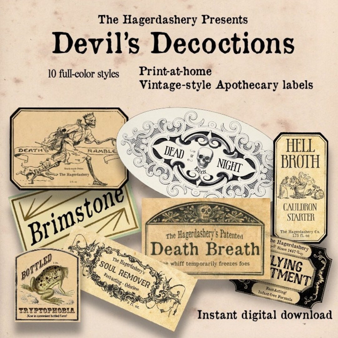 Devil's Decoctions Apothecary Labels, Printable Potion Labels, Spooky ...